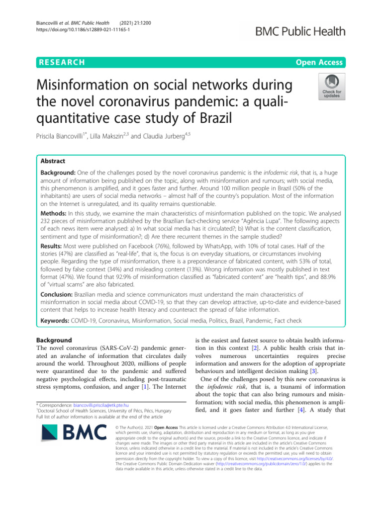 Biancovilli Et Al. - 2021 - Misinformation On Social Networks During The Novel | PDF | Social ...
