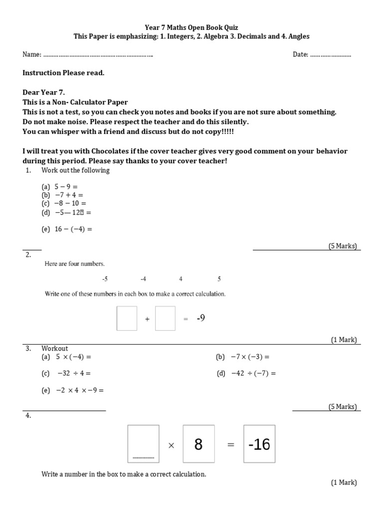Year 7 Maths End of Term Quiz | PDF | Mathematics | Arithmetic