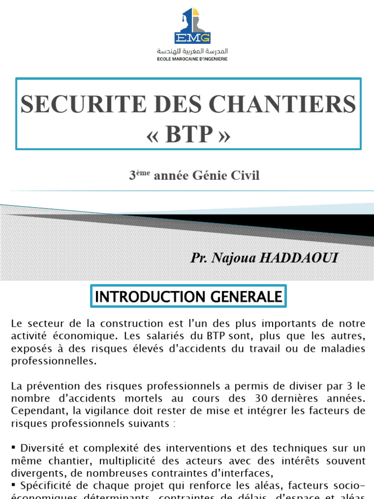 Cours Sécurité Des Chantiers EMG | PDF | Risque | Bruit