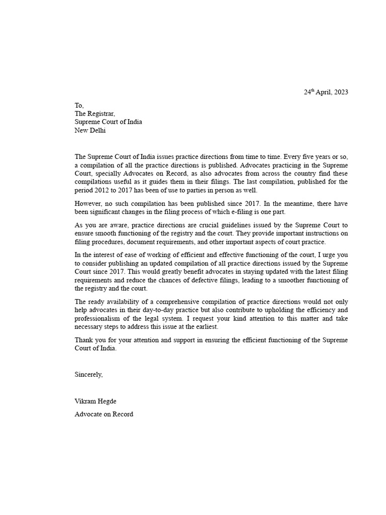 Letter to Registrar, Supreme Court of India | PDF