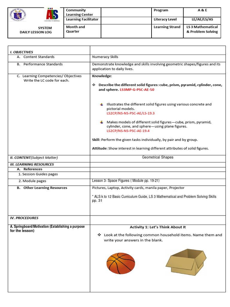Als Sample Lesson Plan | PDF | Learning | Shape