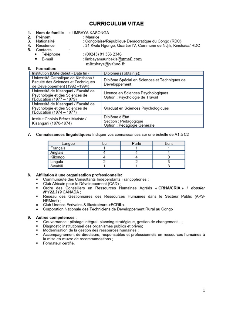 CV de Maurice Limbaya Kasonga | PDF | Gestion des ressources humaines ...
