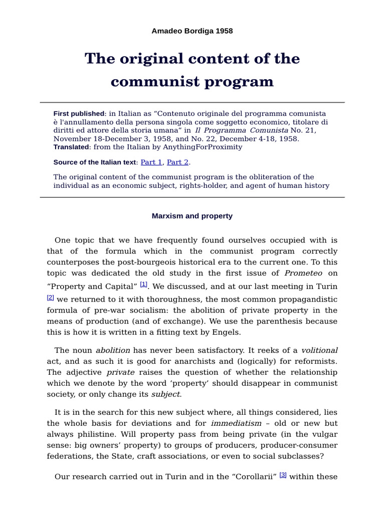 The Original Content of The Communist Program, by Amadeo Bordiga 1958 ...