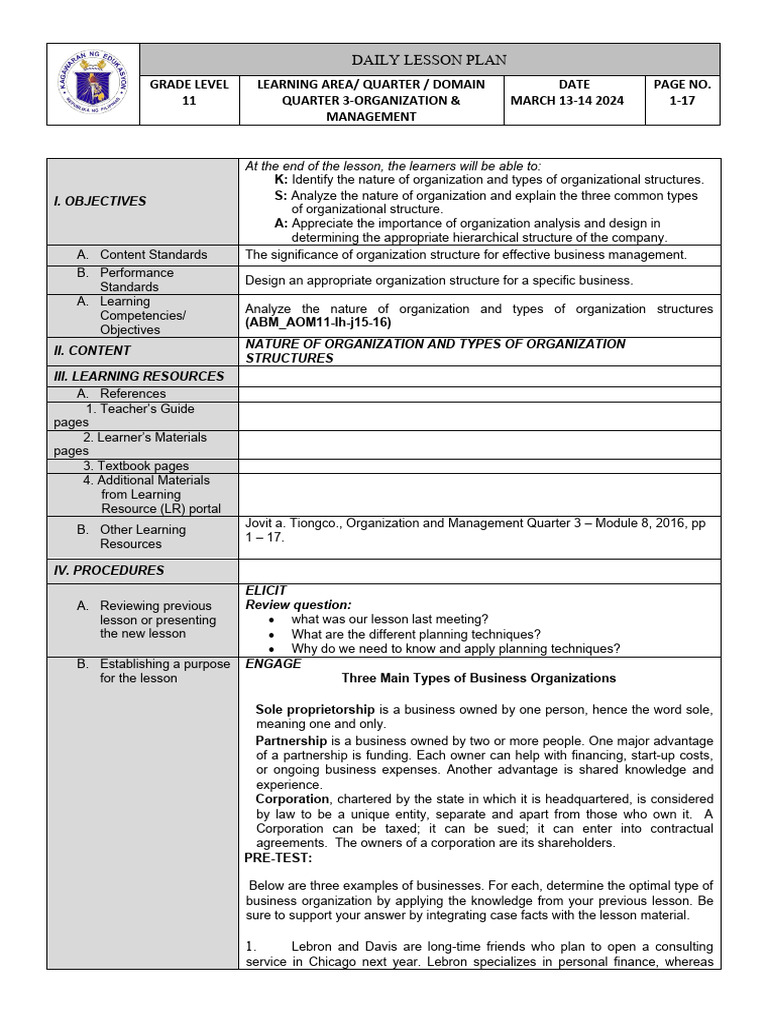 daily-Lesson-Plan-for - ORGANIZATION & MANAGEMENT | PDF