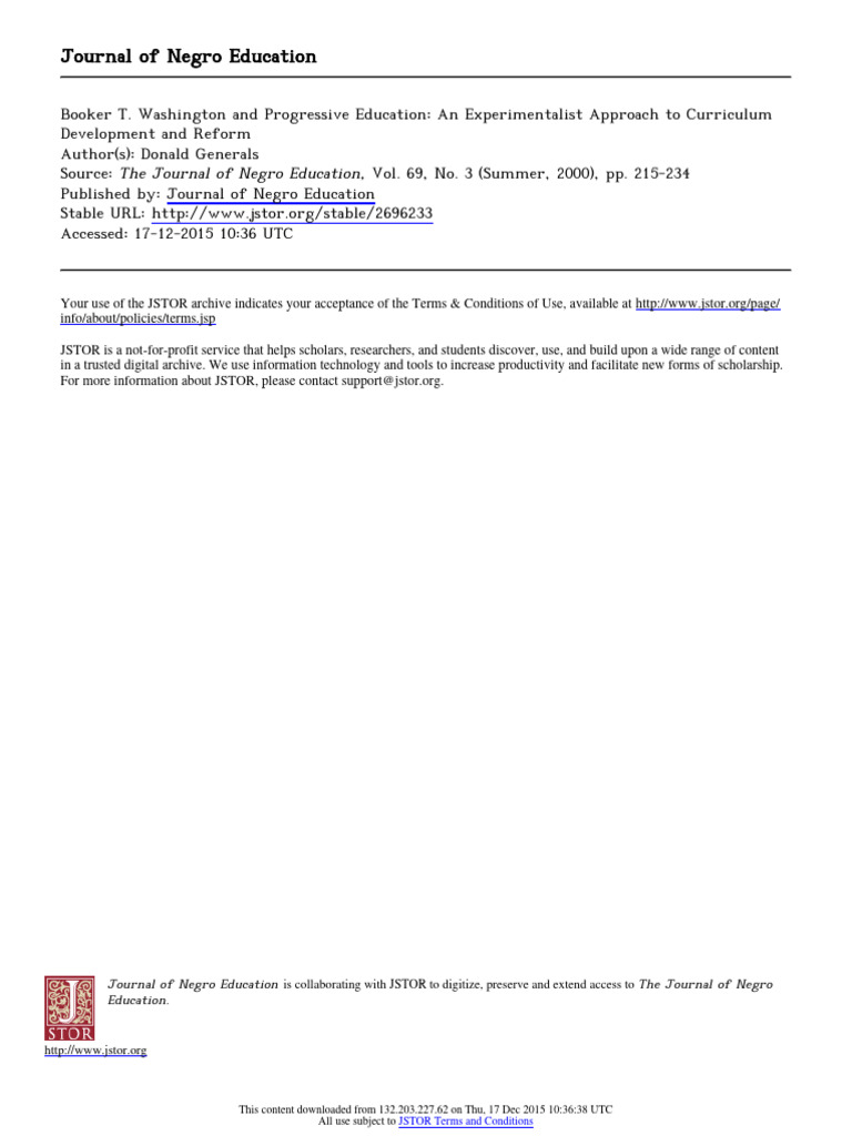 Booker Washington and Progressive Education | PDF