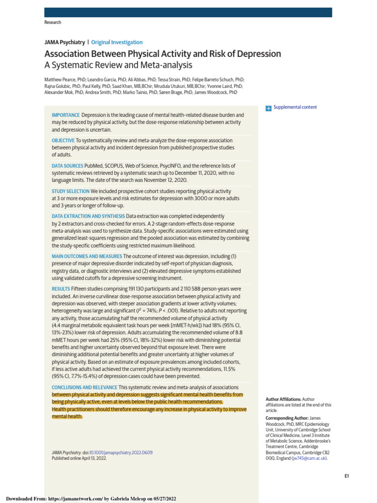 Jama Association Between Physical Activity and Risk of Depression | PDF ...