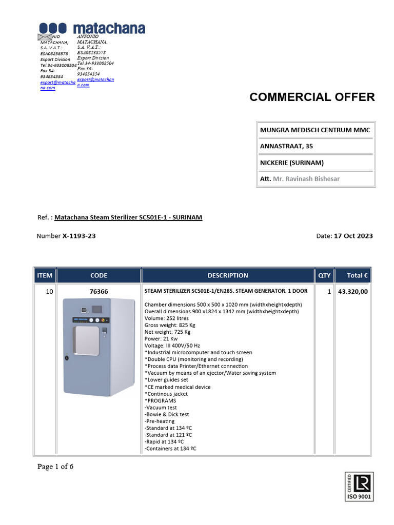 OFFER X-1193-23 - Matachana Steam Sterilizer SC501E-1 - SURINAM | PDF ...