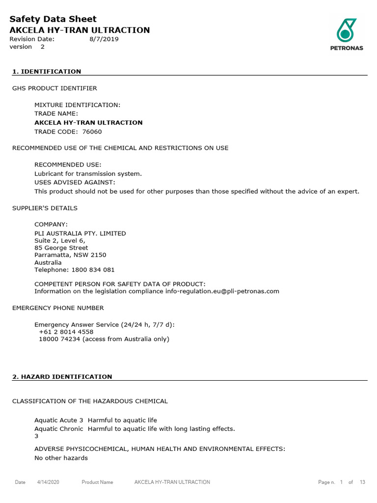 SDS Akcela HY-TRAN Ultra | Download Free PDF | Dangerous Goods | Sodium