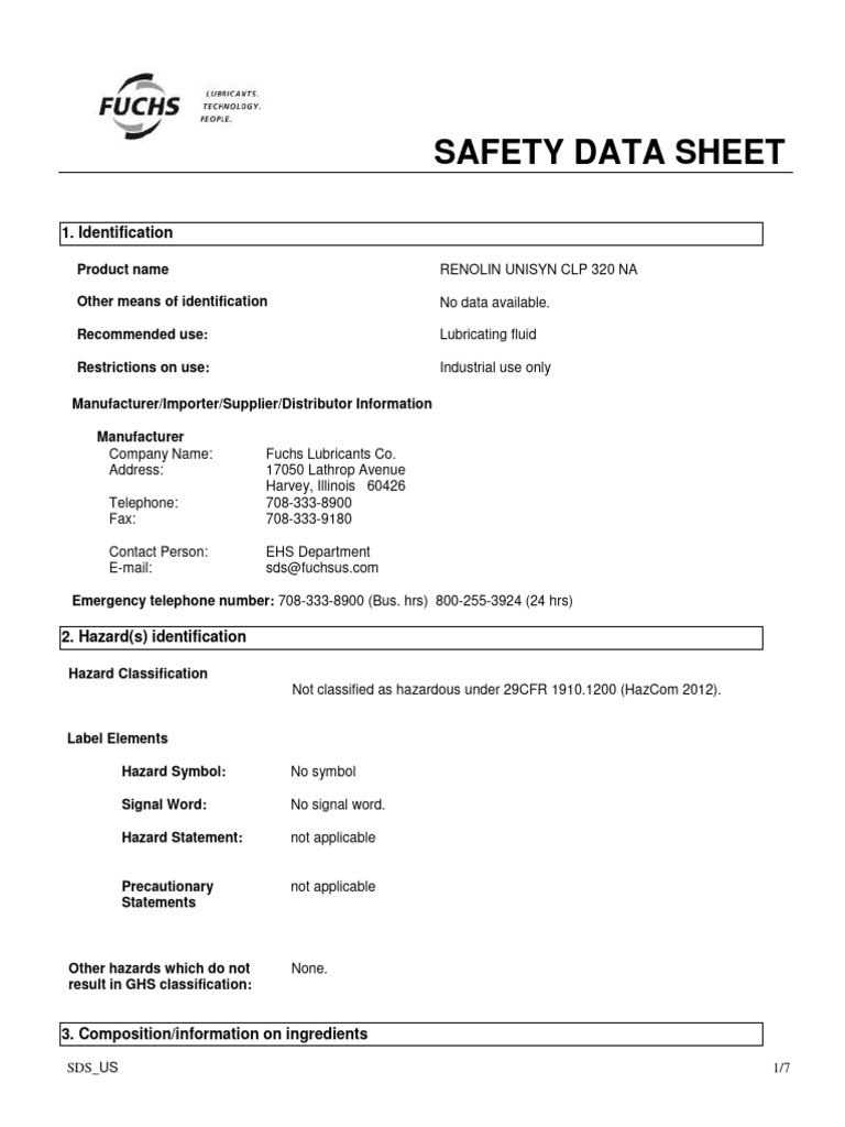 SDS Renolin Unysin CLP 320 | PDF | Firefighting | Personal Protective ...