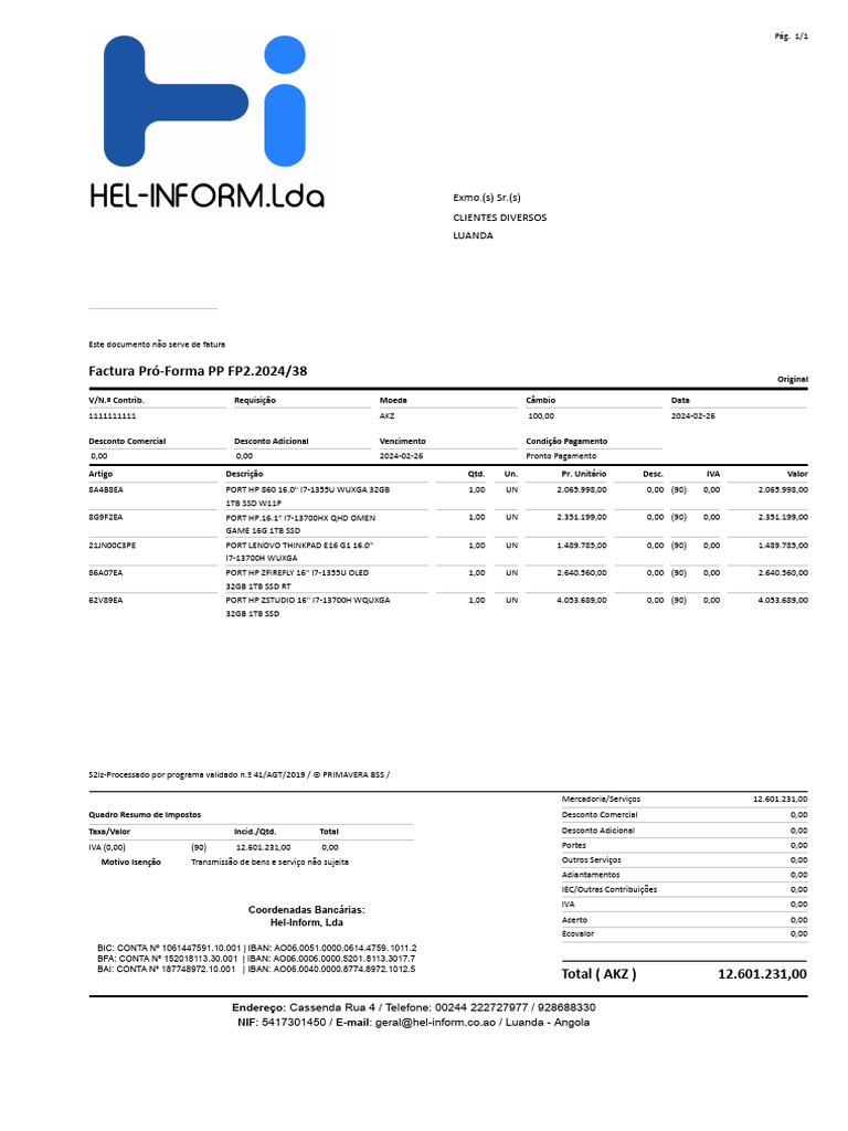 Factura Pró-Forma PP FP2.2024/38: Exmo.(s) SR.(S) Clientes Diversos ...