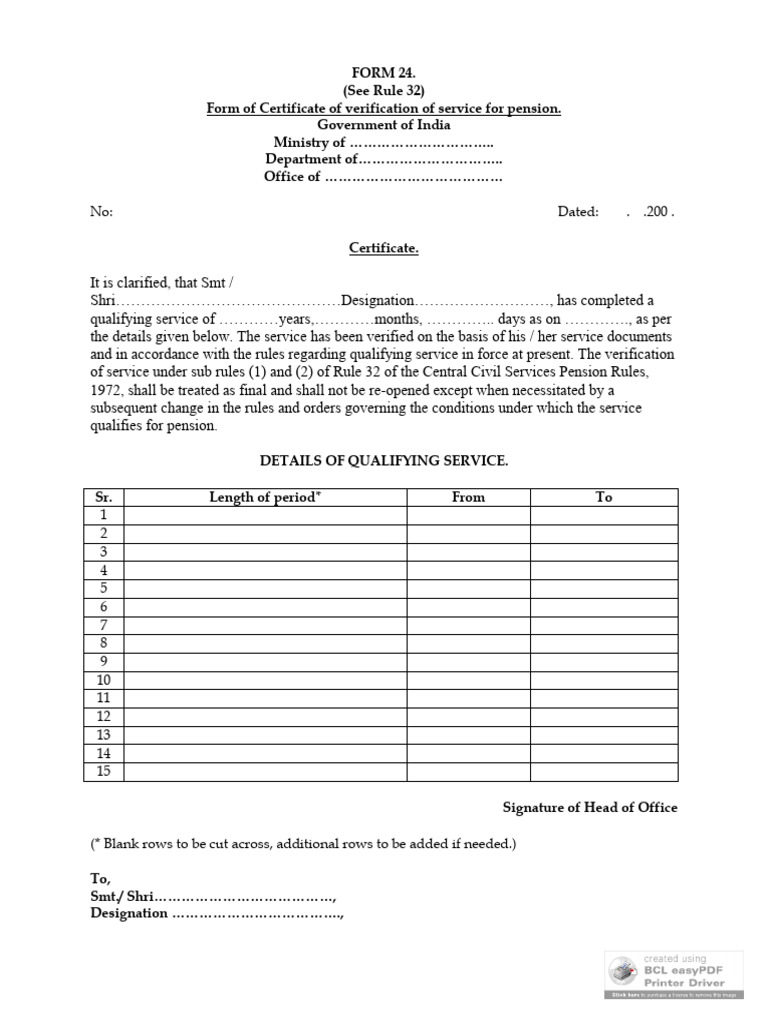 Certificate of Pension Service Verification | PDF
