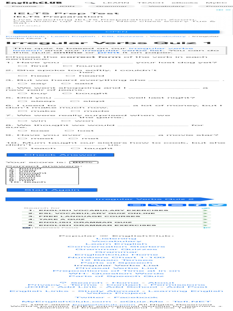 Irregular Verbs Quiz 1 ESL Quizzes EnglishClub | PDF | English Language ...