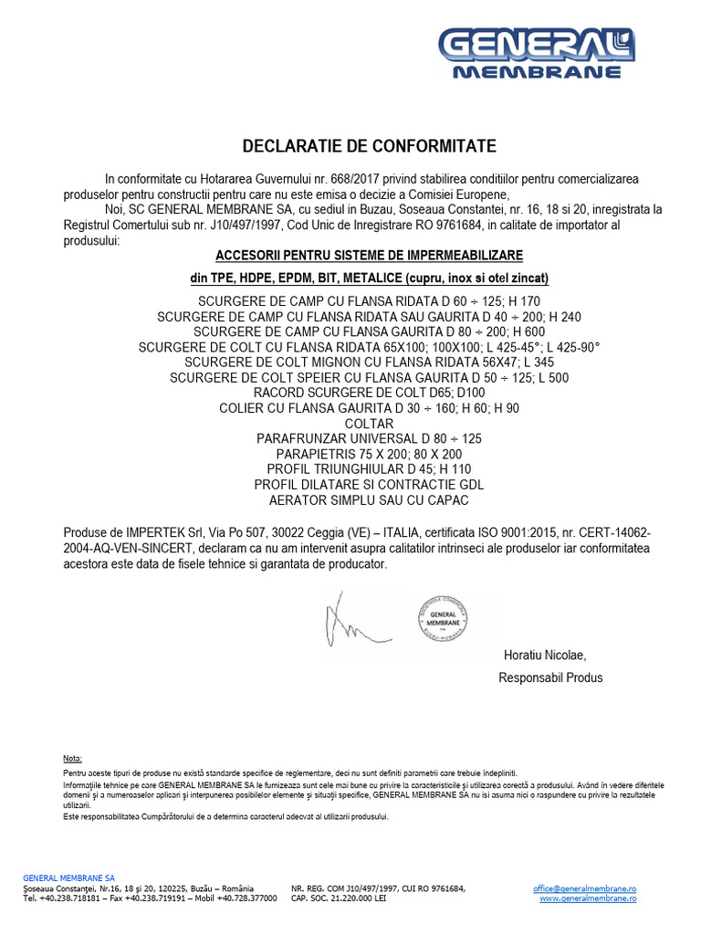 Declaratie de Conformitate Accesorii | PDF