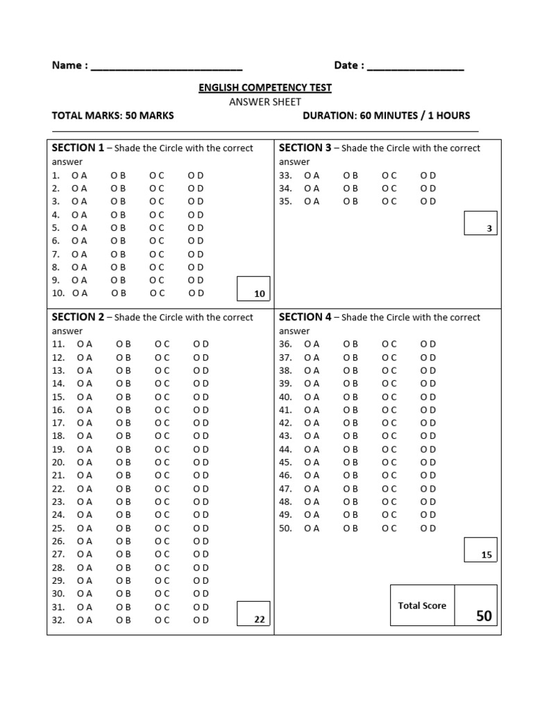 Answer Sheet - English & Maths Test - Grab MYSG | PDF