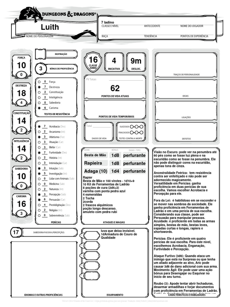 Ficha de Personagem D&D 5E Luith | PDF