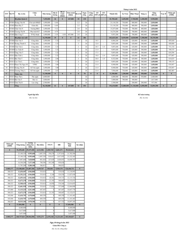 Bảng Lương - chấm Công - tính Bhxh - thuế Tncn Tự Động Năm 2022 | PDF