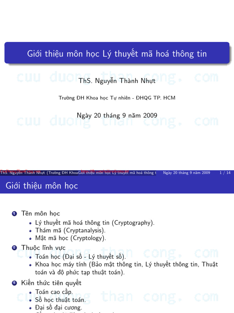 Ly-Thuyet-Ma-Hoa-Thong-Tin - Nguyen-Thanh-Nhut - 01 - Intro - (Cuuduongthancong - Com) | PDF