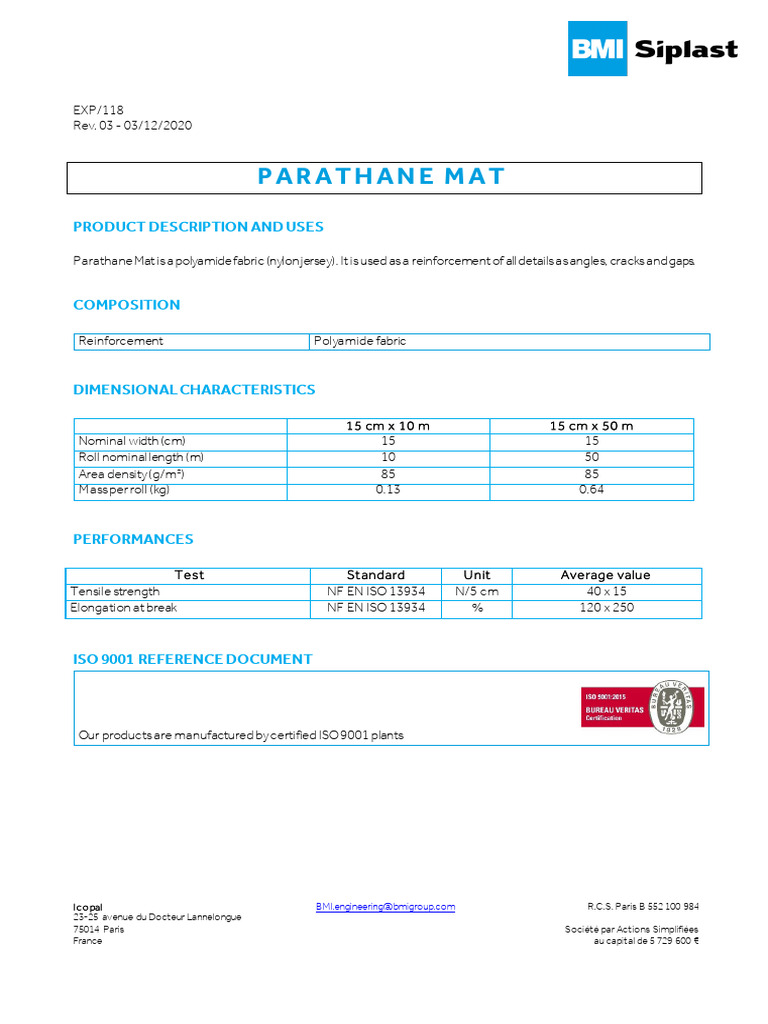 Technical Datasheet_English - Parathane Mat | PDF | Physical Sciences | Building Engineering