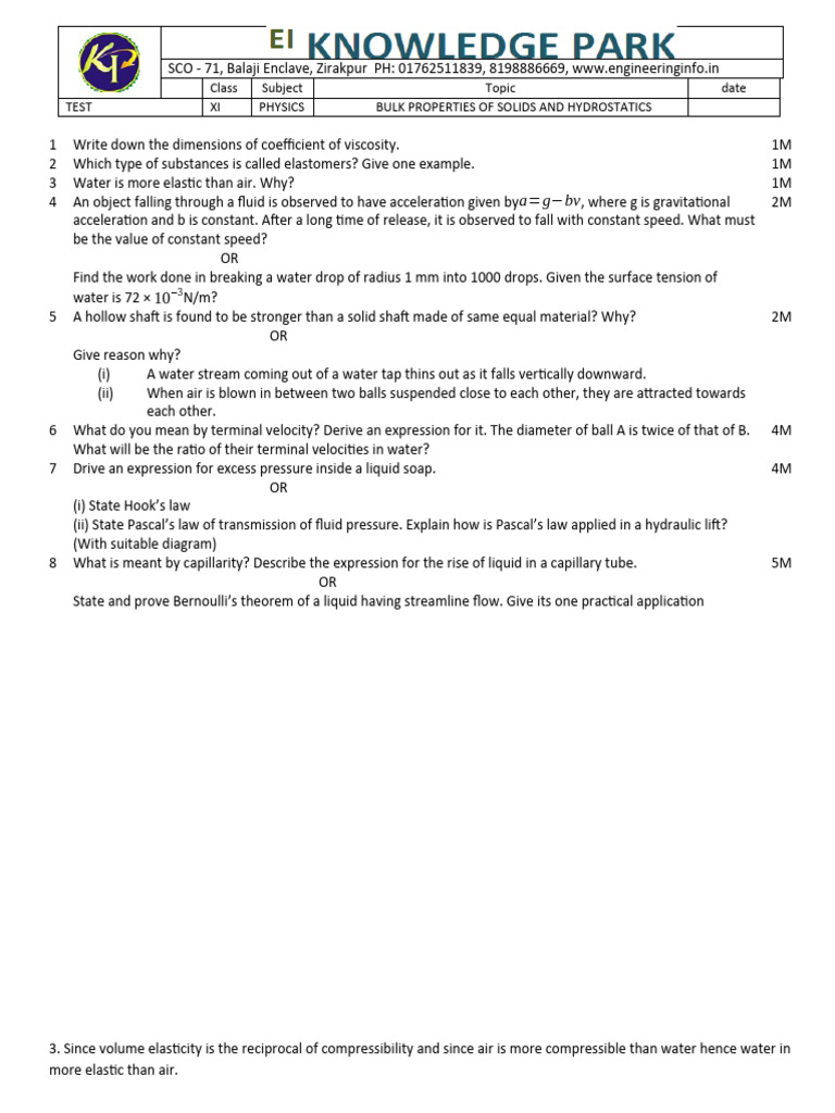 t. Bulk Properties of Soilds and Hydrostatics | PDF | Liquids | Pressure