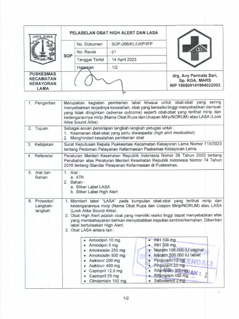 Contoh 5.3.3.a SOP Tentang Pengelolaan Obat High Alert Dan LASA | PDF
