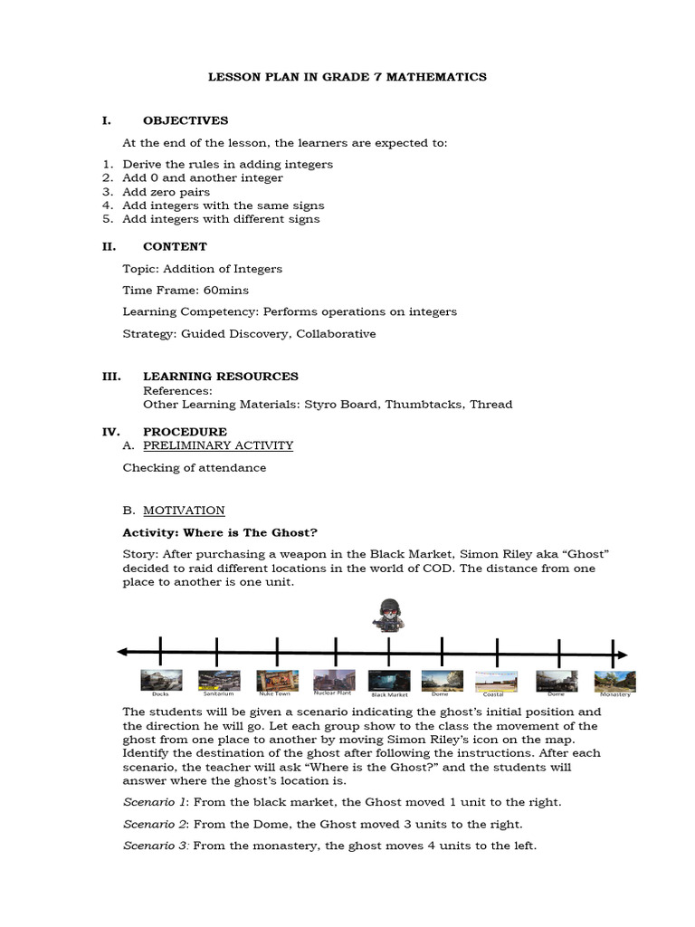 Lesson Plan For ADDITION OF INTEGERS | PDF | Integer | Mathematics