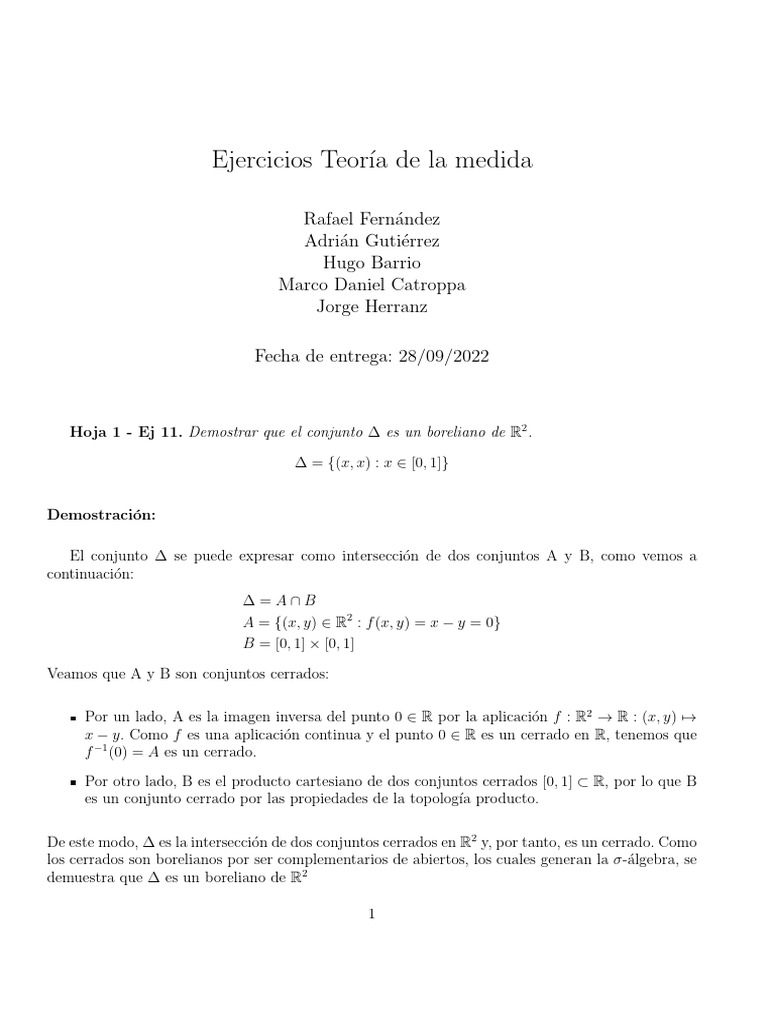 Ejercicios Teor Ia de La Medida: Rafael Fern Andez Adri An Guti Errez Hugo Barrio Marco Daniel ...