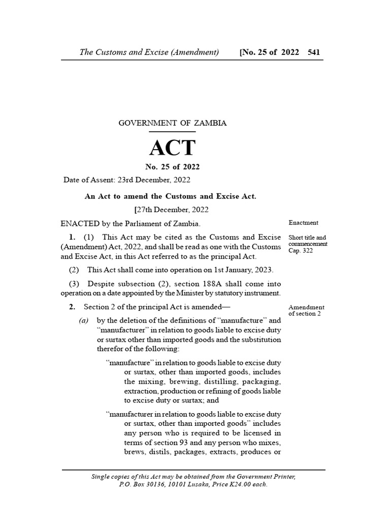 Act No. 25 The Customs and Excise Act, (Amendment) 2022 | PDF | Zinc | Ore
