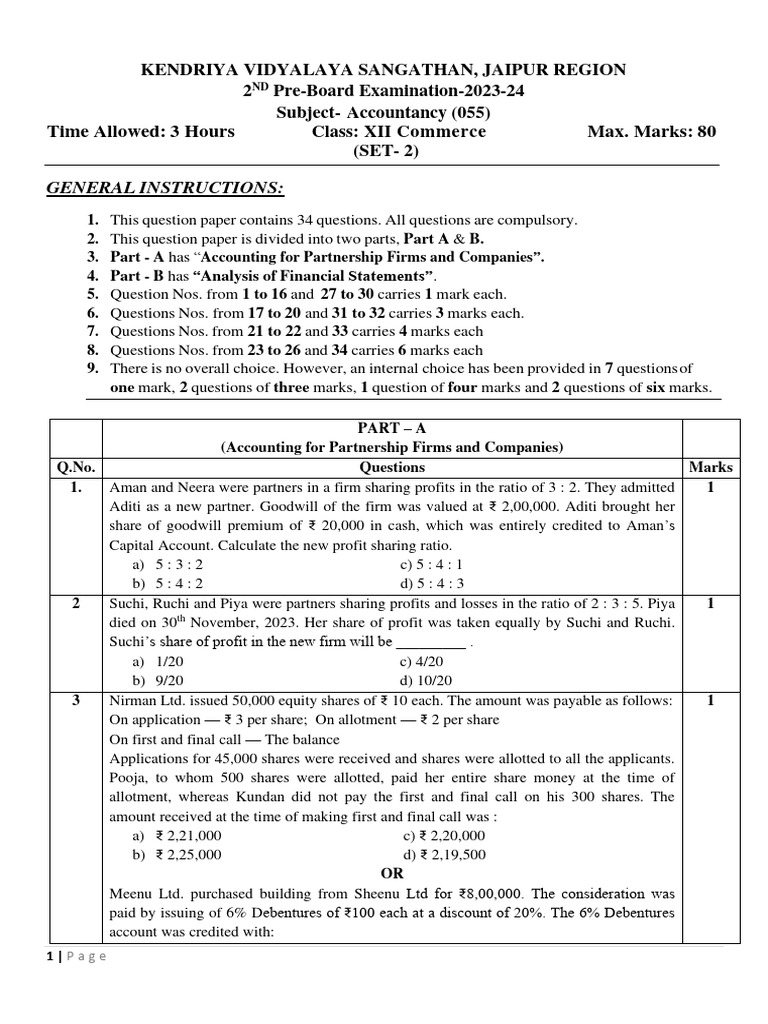 Xii Accountancy QP PB 2 Set B | PDF | Balance Sheet | Debits And Credits
