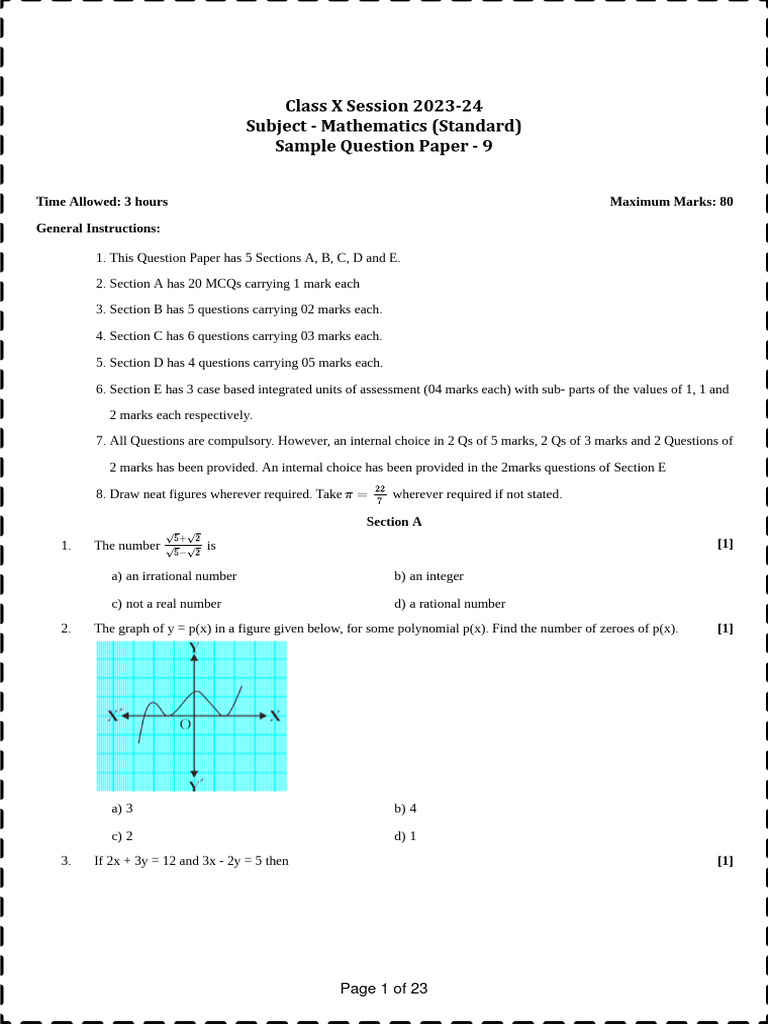 Class 9 maths sample question papers for practice | PDF