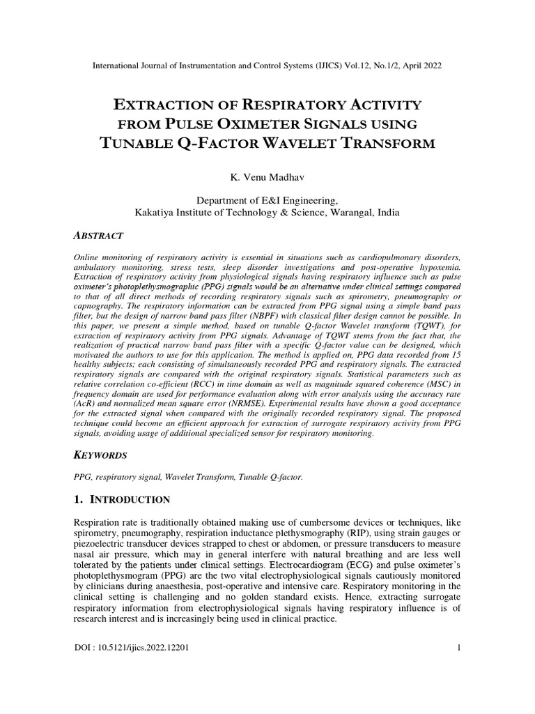 Extraction of Respiratory Activity From Pulse Oximeter Signals Using Tunable Q-Factor Wavelet ...