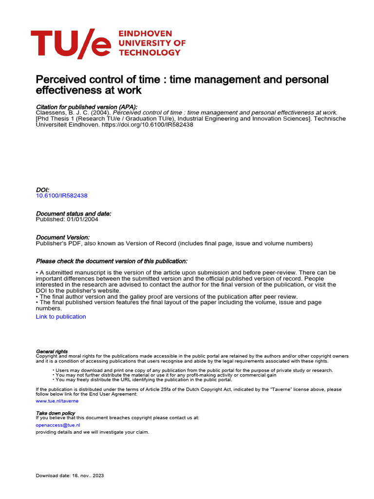 Perceived control of time - time management and personal effectiveness ...
