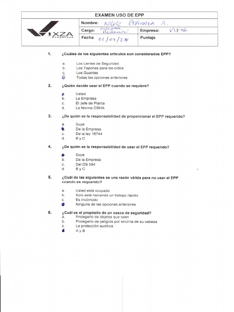 Examen Uso de EPP | PDF