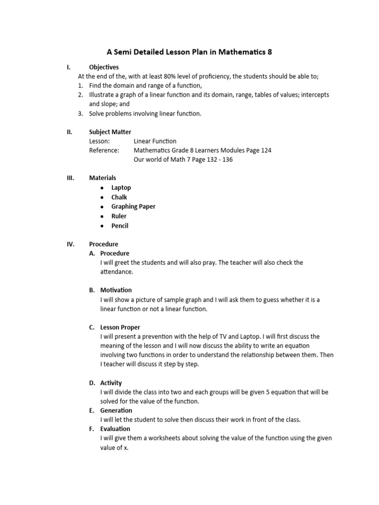 Math 8: Linear Functions Lesson Plan | PDF