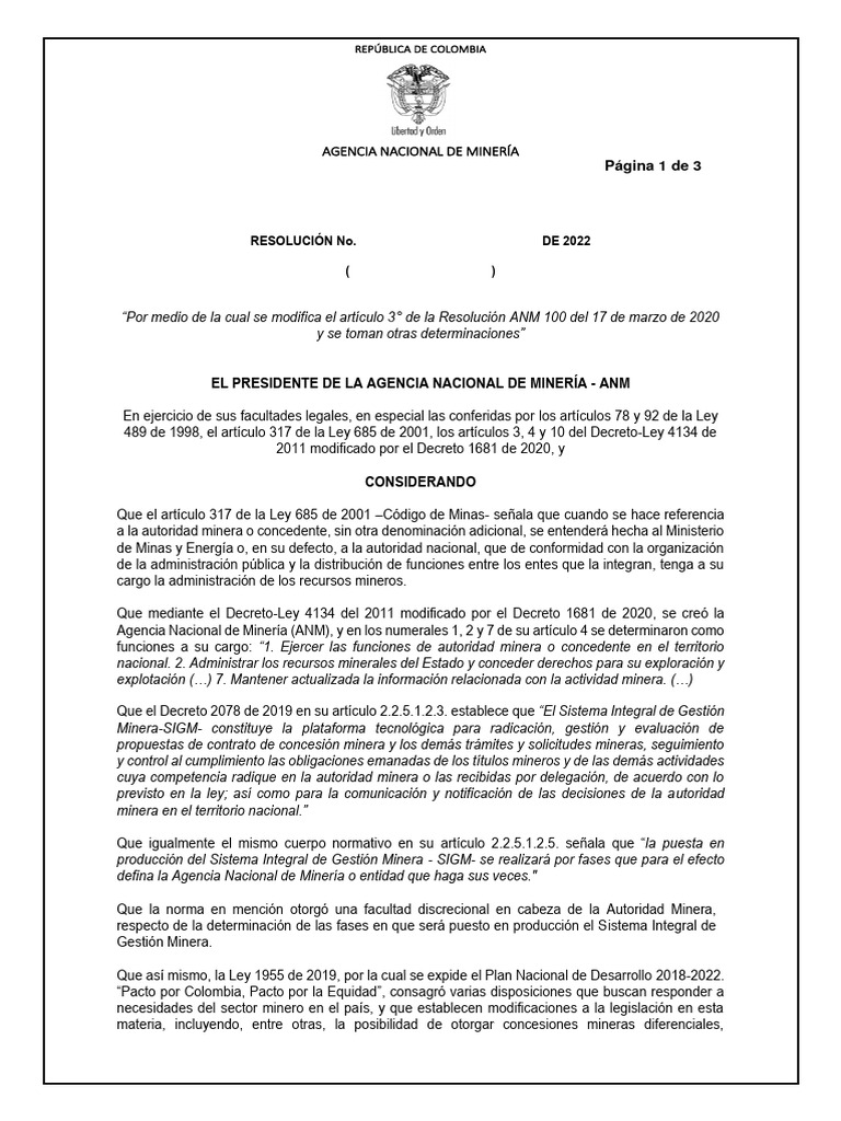 Proyecto Resolucion Modificación Articulo 3 R.100 .VRDP | PDF | Minería | Gobierno