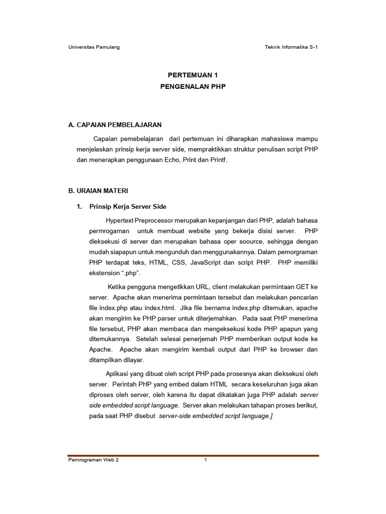 Tpl0373 Pertemuan Ke-1 Pengenalan PHP | PDF