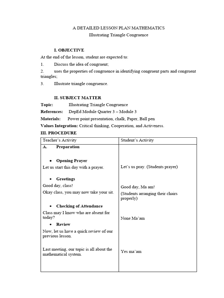 A DETAILED LESSON PLAN MATHEMATICS Congruent Triangle | PDF | Triangle ... A DETAILED LESSON PLAN MATHEMATICS Congruent Triangle | PDF | Triangle ...