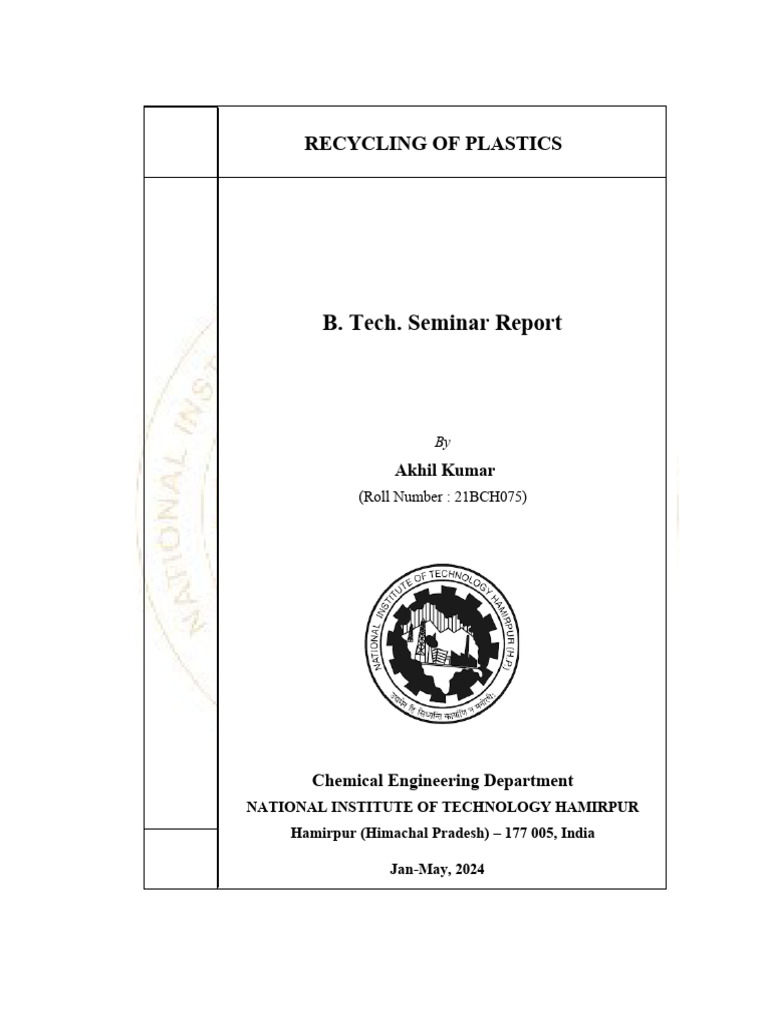 B. Tech. Seminar Report: Recycling of Plastics | PDF | Recycling | Plastic