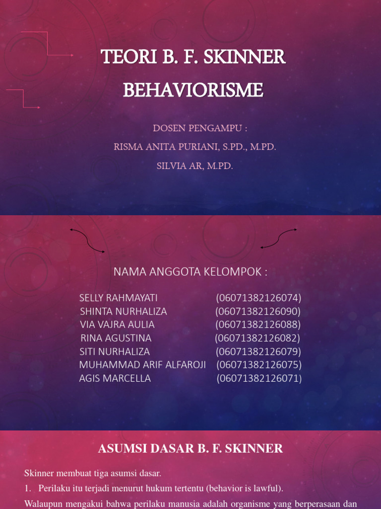 Teori B. F. Skinner Behaviorisme: Dosen Pengampu: Risma Anita Puriani, S.PD., M.Pd. Silvia Ar, M ...