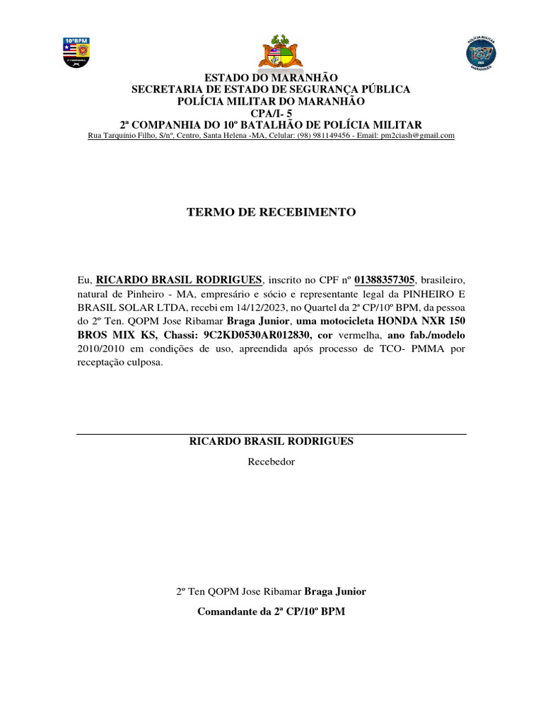 MODELO TERMO DE ENTREGA | PDF