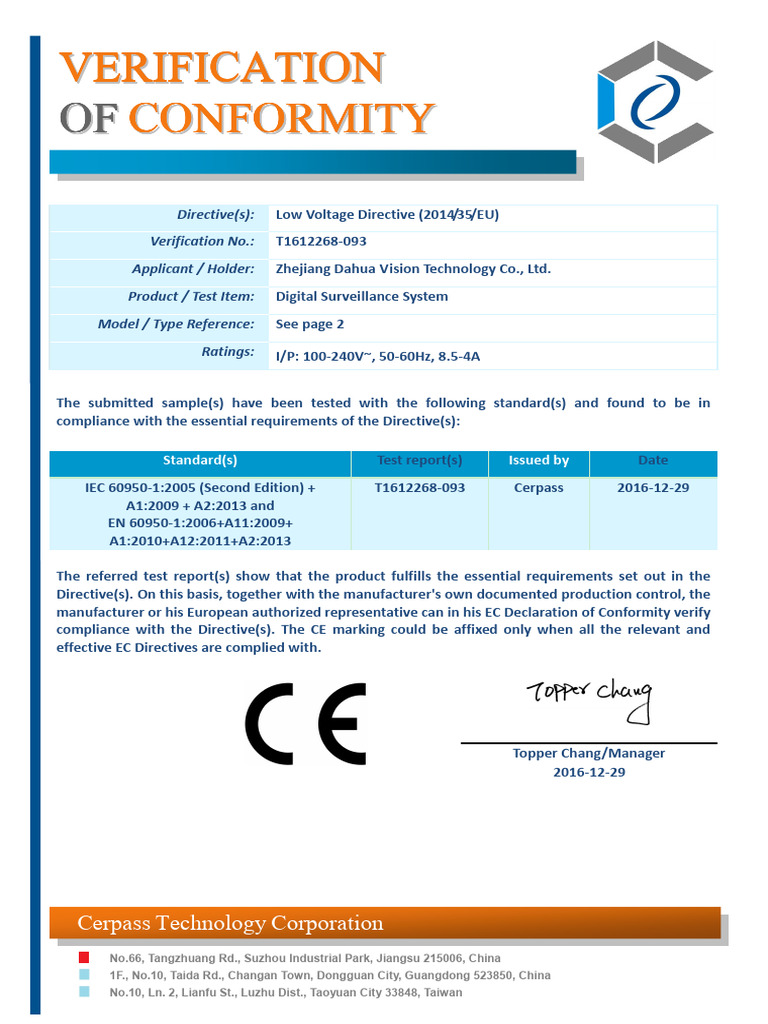 VDH-379,380 CE LVD Certificate Digital Surveillance System DSS7016-DR, DSS7000-S16DR | PDF