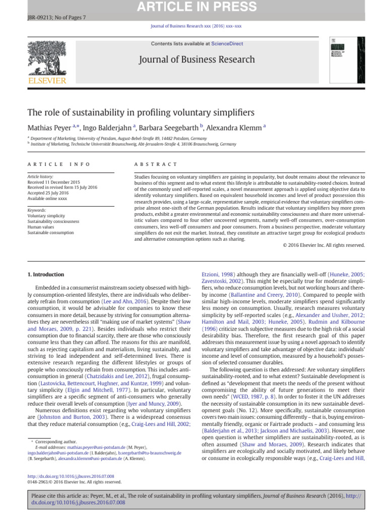 Peyer2016 (Voluntary Simplifiers) | PDF | Consumerism | Sustainability