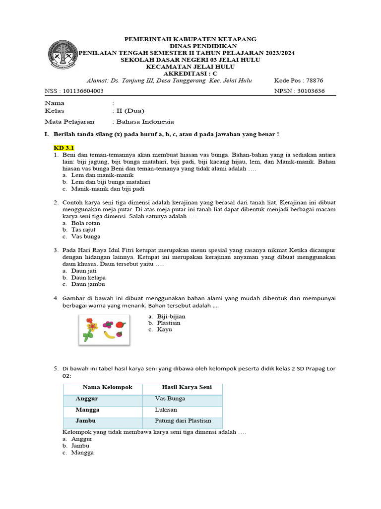 Soal PTS 2 SBDP Kelas 2 K13 | PDF