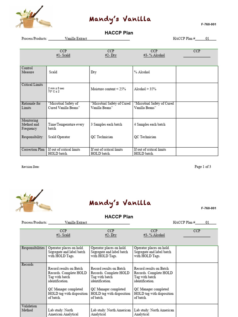 F-760-001 HACCP Plan | PDF | Vanilla