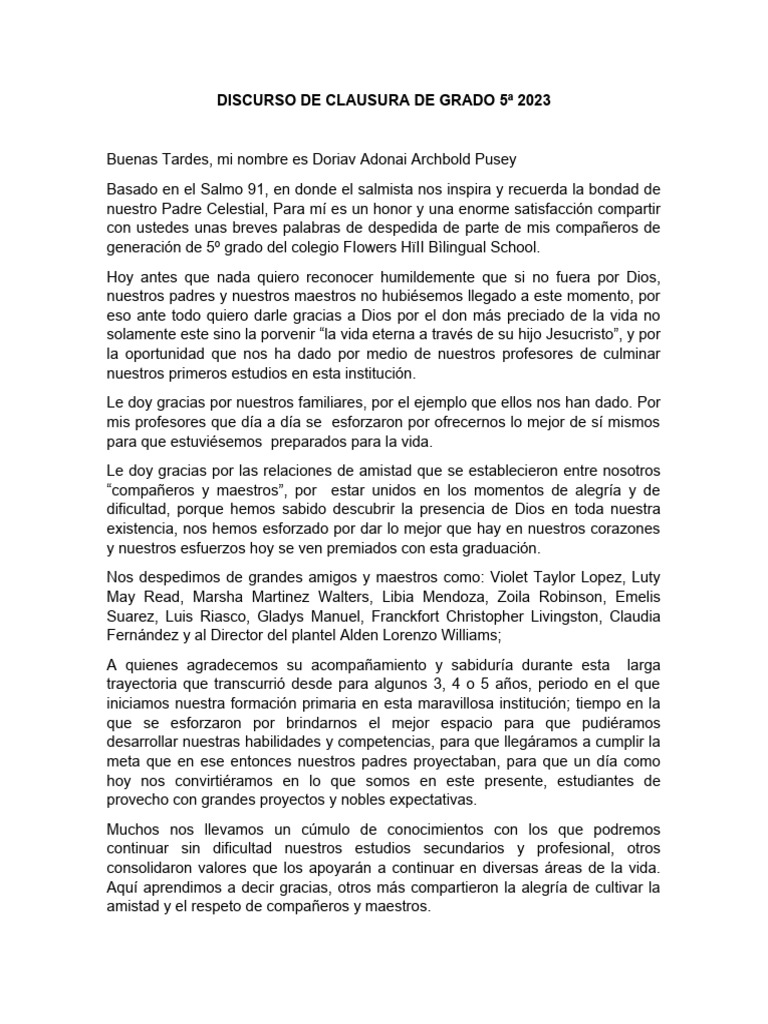 Discurso de Clausura de 5 de Primaria 2023 | PDF