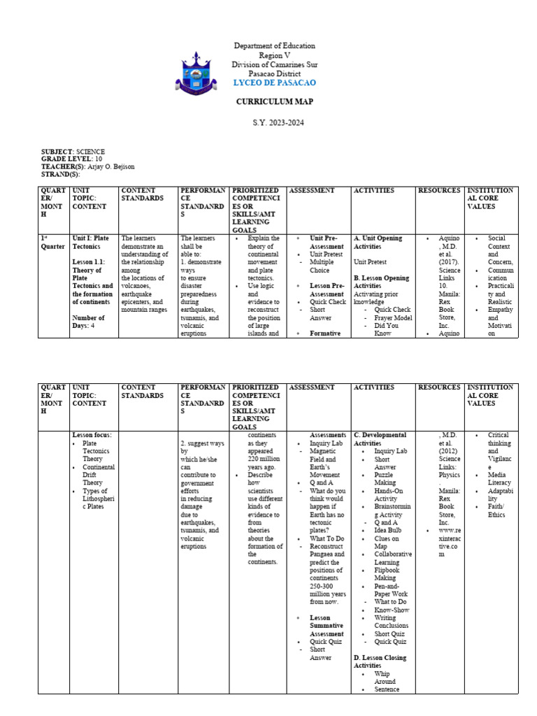 Science 10 - Curriculum Map | PDF