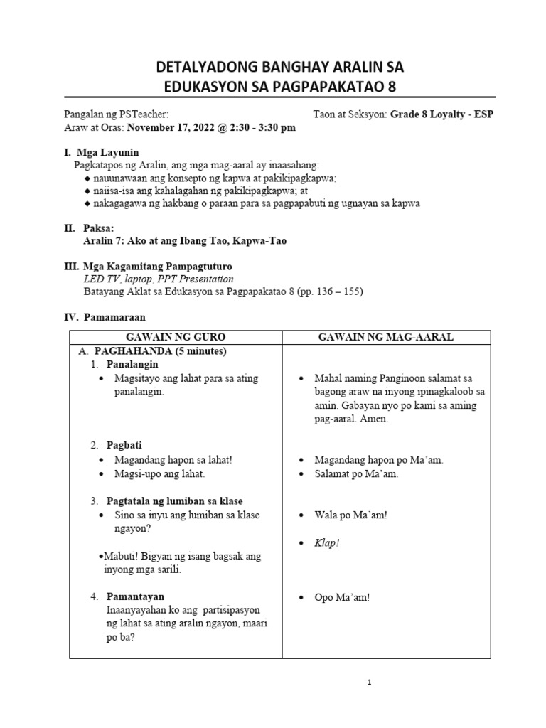 Detailed Lesson Plan Esp8 | PDF