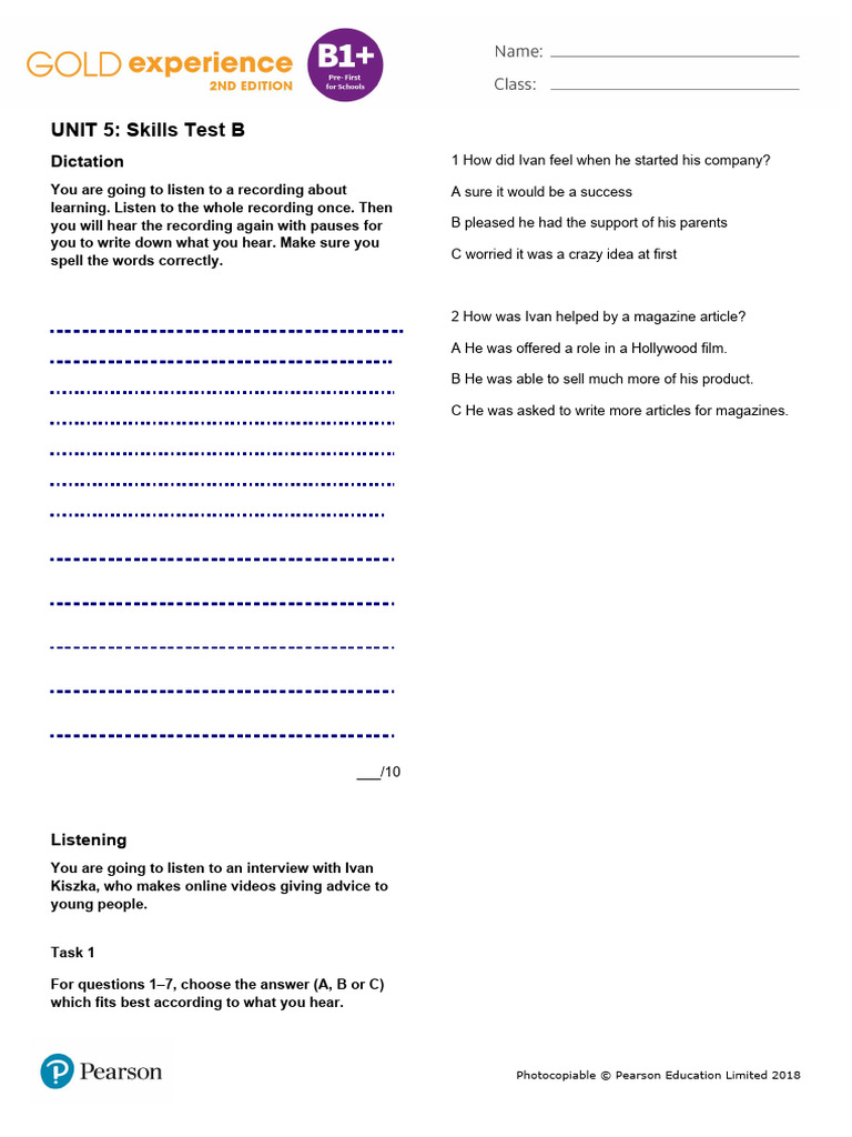 Gold Exp B1P U5 Skills Test B | PDF | Teachers
