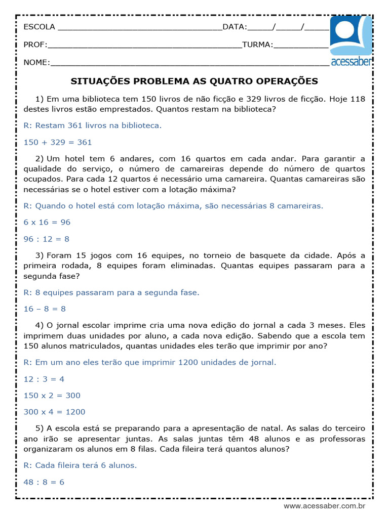 Atividade de Matematica Situacoes Problema As Quatro Operacoes 5 Ano e 6 Ano Respostas | PDF