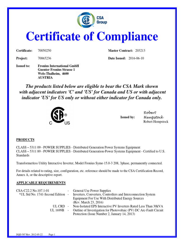SE CER Certificate of Compliance CSA-US Fronius Symo 15.0-3 208 EA | PDF