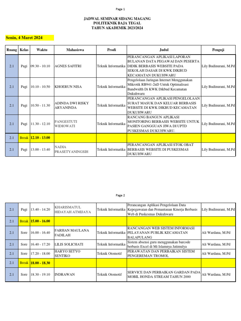 Jadwal Seminar Magang 2024 | PDF
